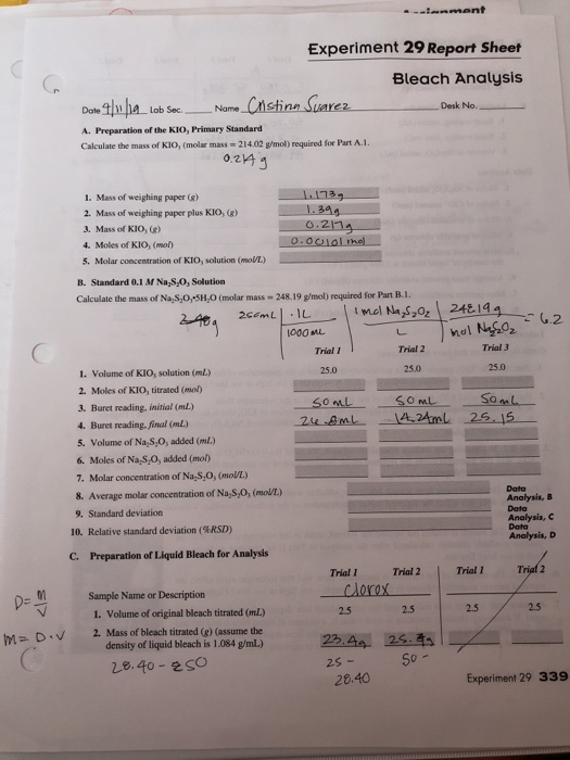 Solved Preparation of Solid Bleach for Analysis D. Trial I | Chegg.com Solved Preparation of Solid Bleach for Analysis D. Trial I | Chegg.com