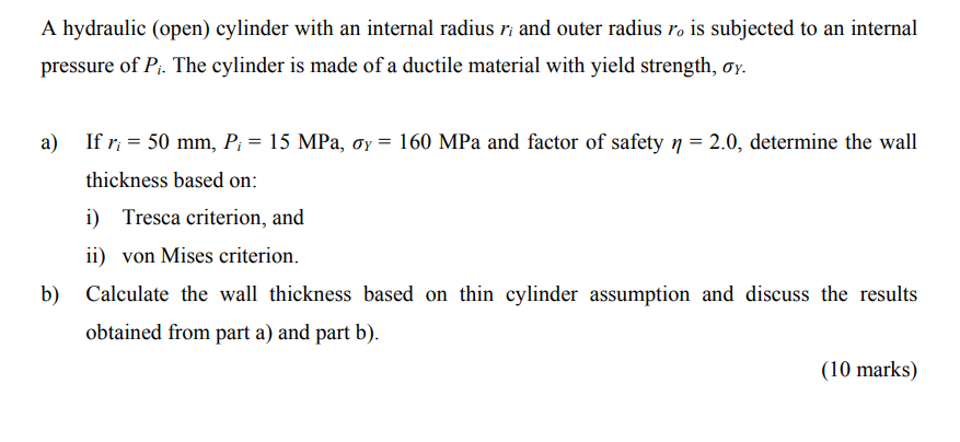 Solved A hydraulic (open) cylinder with an internal radius | Chegg.com