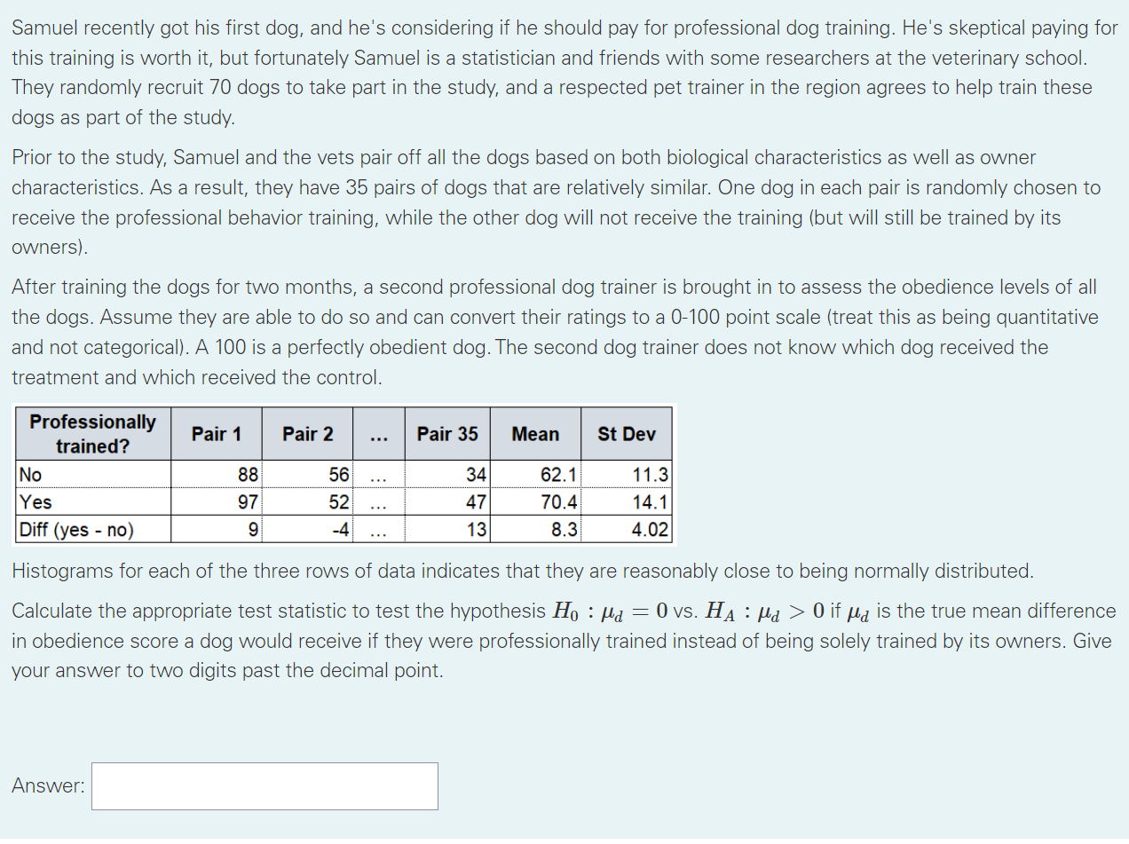 Solved Samuel recently got his first dog, and he's | Chegg.com