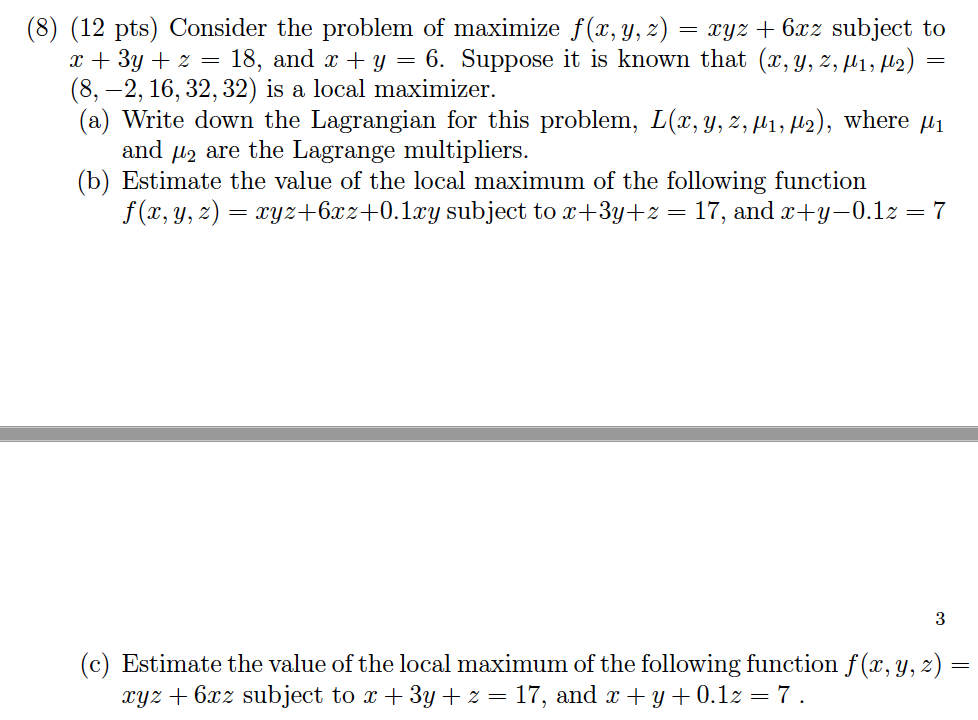 Solved (8) (12 pts) Consider the problem of maximize | Chegg.com