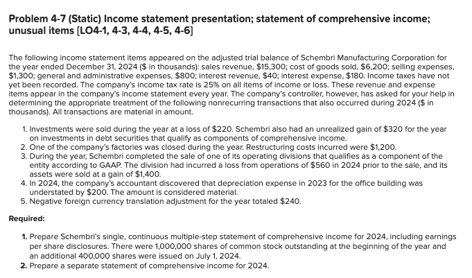 Solved Problem 4-7 (Static) Income statement presentation; | Chegg.com