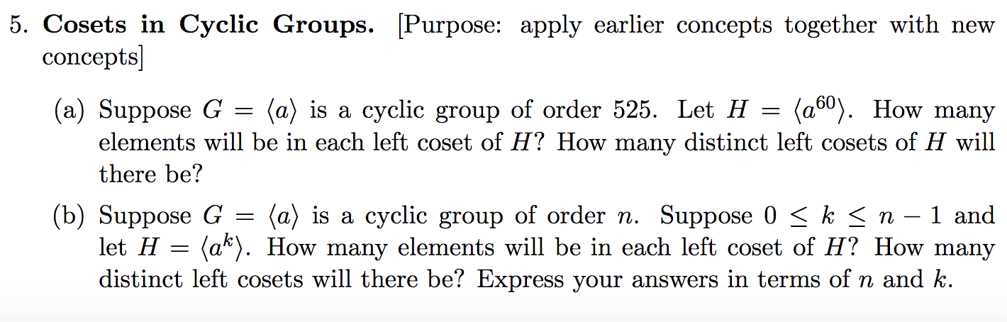 Solved 5. Cosets in Cyclic Groups. (Purpose: apply earlier | Chegg.com