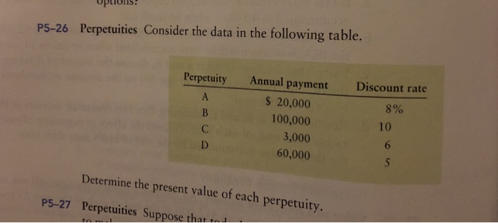 Solved ptiolS P5-26 Perpetuities Consider the data in the | Chegg.com