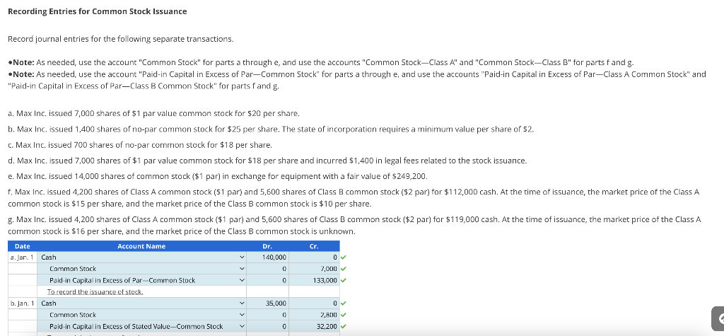 Solved Recording Entries for Common Stock Issuance Record | Chegg.com