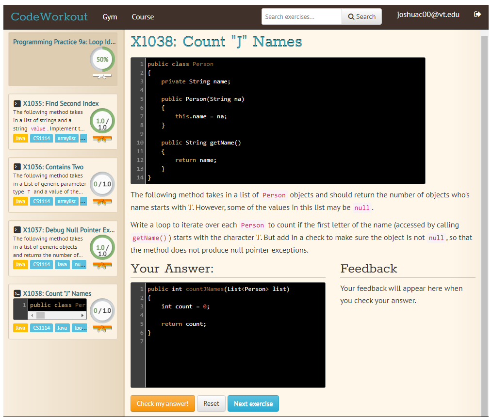 Solved CodeWorkout Gym Course joshuac00@vt.edu Programming | Chegg.com