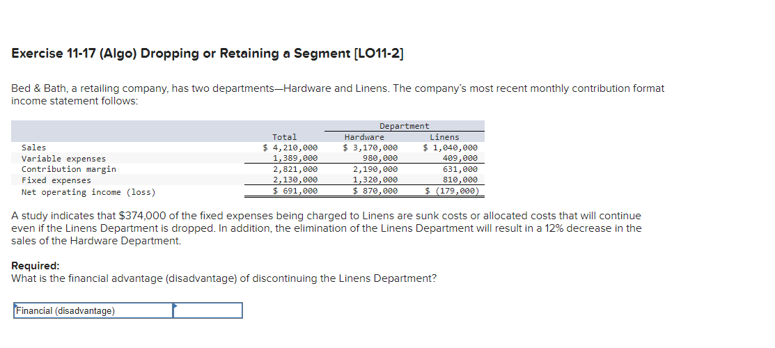 Solved Exercise 11-17 (Algo) Dropping or Retaining a Segment | Chegg.com