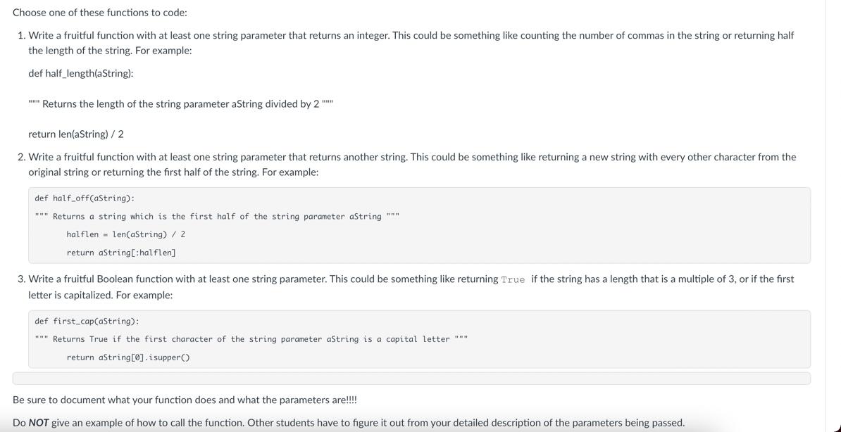 Solved Choose one of these functions to code: 1. Write a | Chegg.com