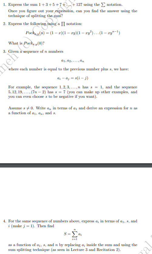 [Solved]: 1. Express the sum ( 1+3+5+7+ ldots+127 ) usin