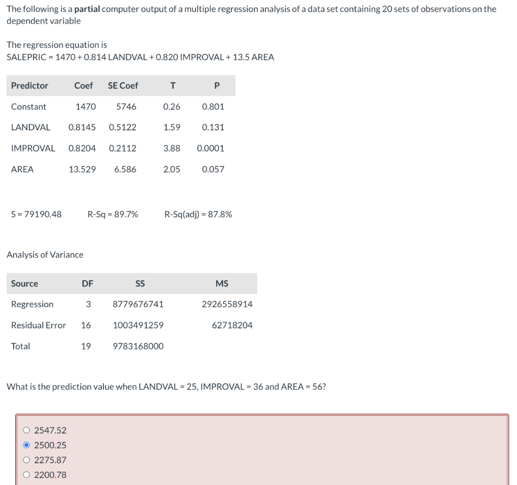 Solved The Following Is A Partial Computer Output Of A 5496