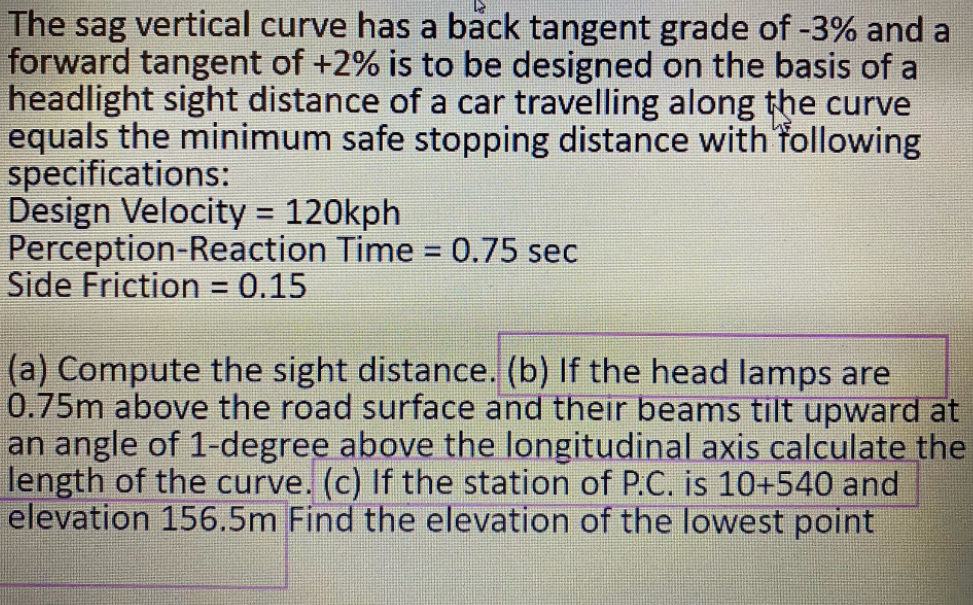Solved The sag vertical curve has a back tangent grade of | Chegg.com