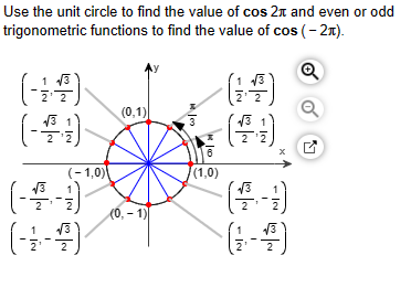 Solved Use the unit circle to find the value of cos2π ﻿and | Chegg.com