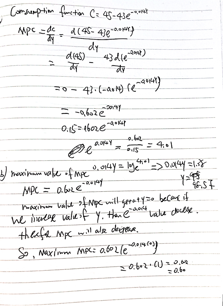 Solved A consumption function is given by C = 45 – 43e | Chegg.com