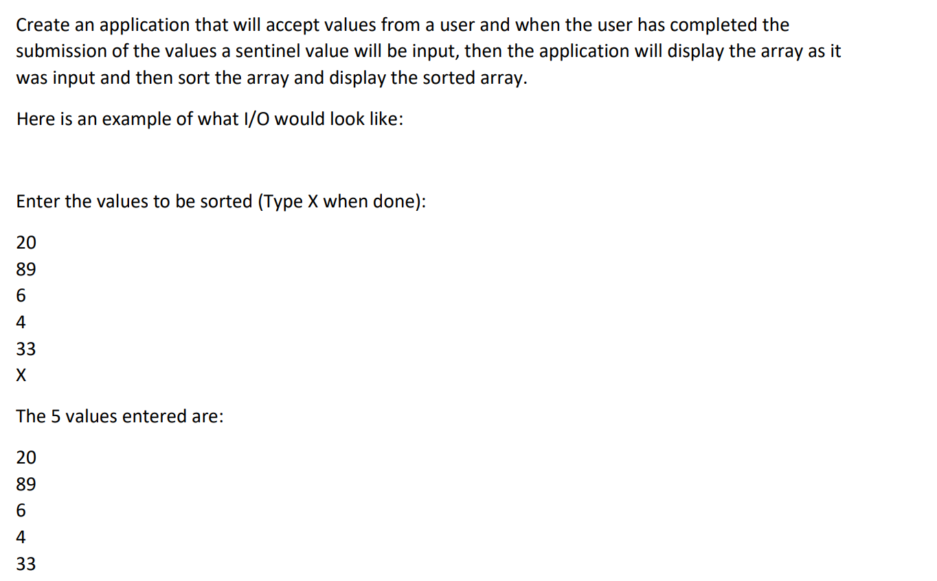 Solved Create an application that will accept values from a | Chegg.com
