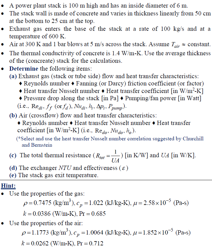 A power plant stack is 100 m high and has an inside | Chegg.com