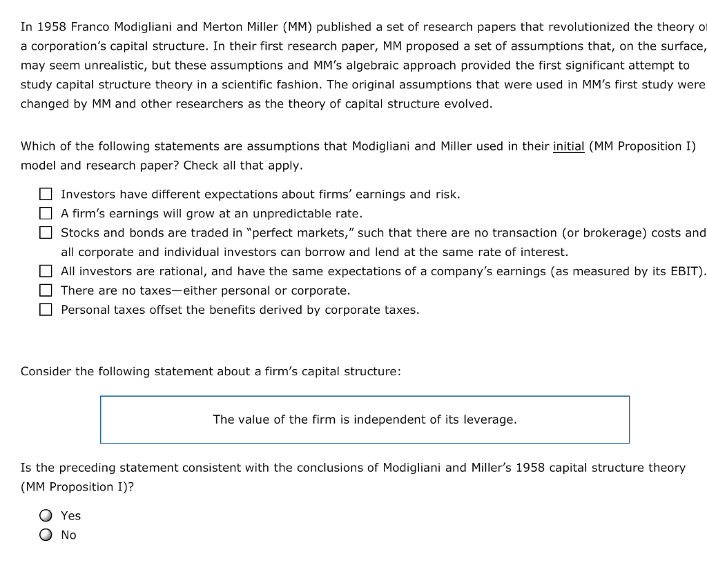 Solved In 1958 Franco Modigliani and Merton Miller (MM) | Chegg.com