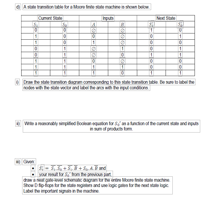 Solved d) A state transition table for a Moore finite state | Chegg.com