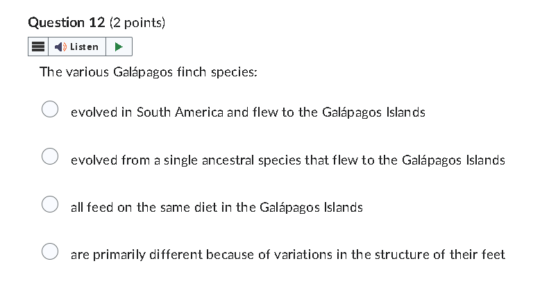 Solved Question 12 ( 2 points) The various Galápagos finch | Chegg.com