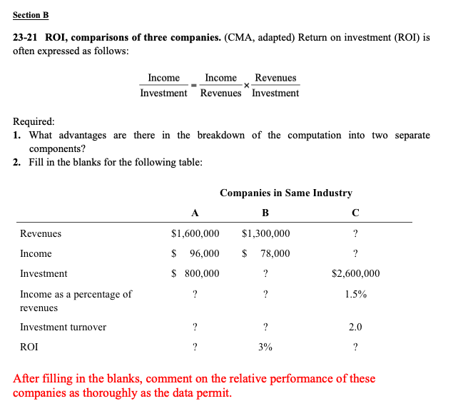 Solved 23-21 ROI, comparisons of three companies. (CMA, | Chegg.com