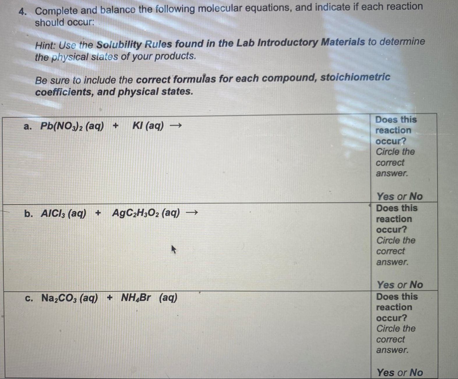 Solved 4. Complete and balance the following molecular | Chegg.com