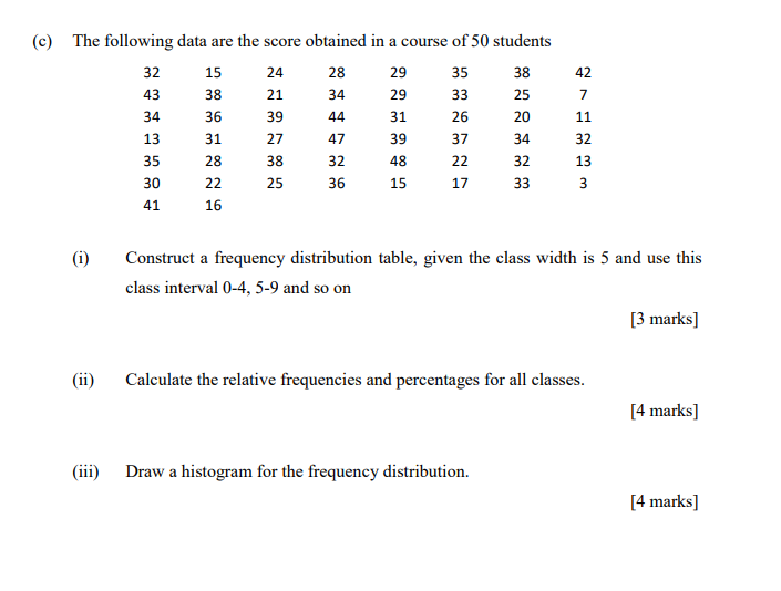 Solved (c) The following data are the score obtained in a | Chegg.com