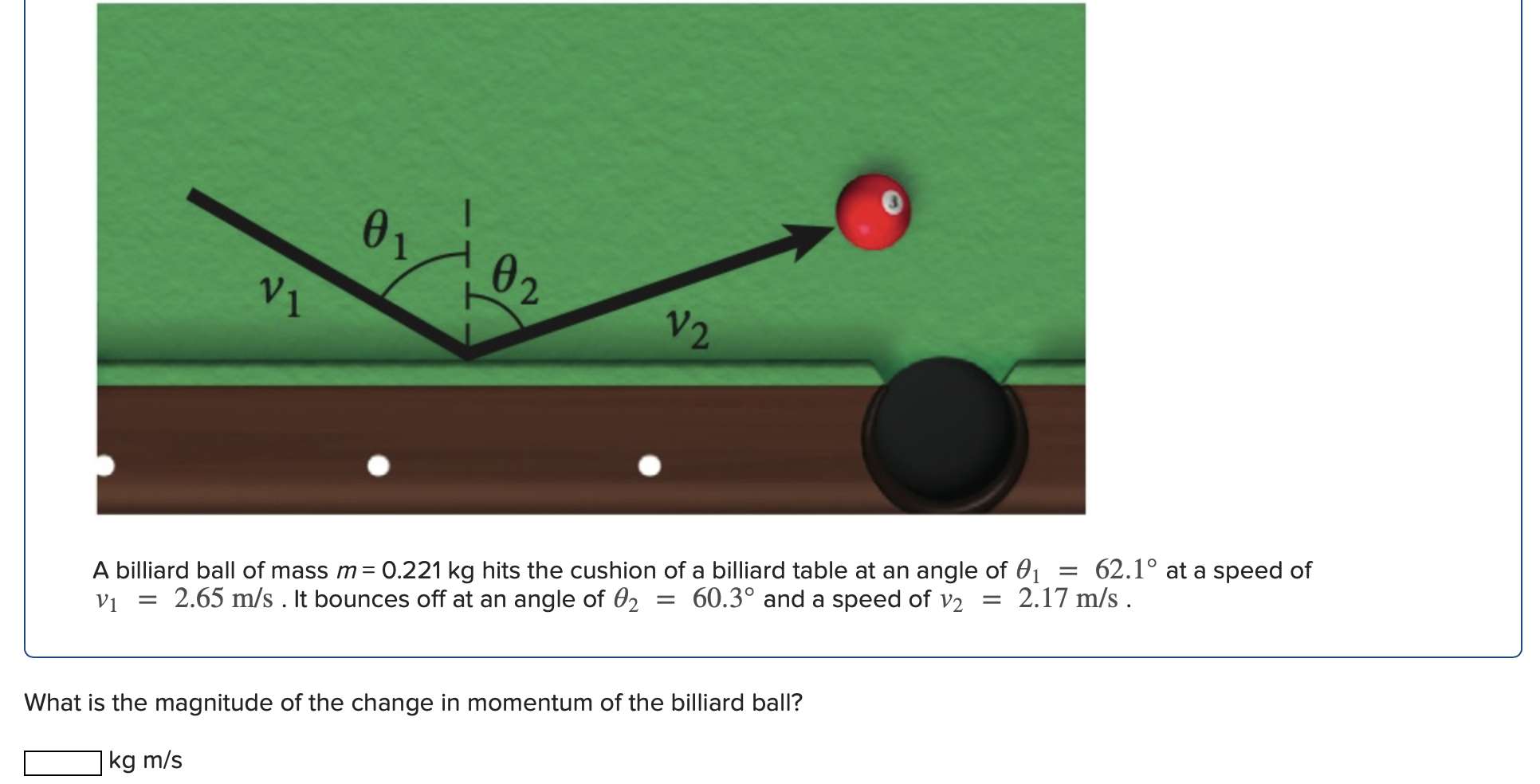 Solved A billiard ball of mass m=0.221 kg hits the cushion | Chegg.com