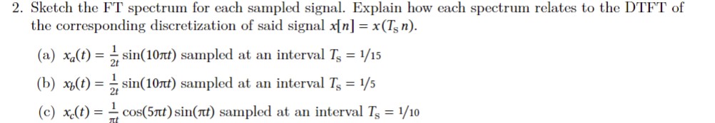 Solved 2. Sketch the FT spectrum for each sampled signal. | Chegg.com