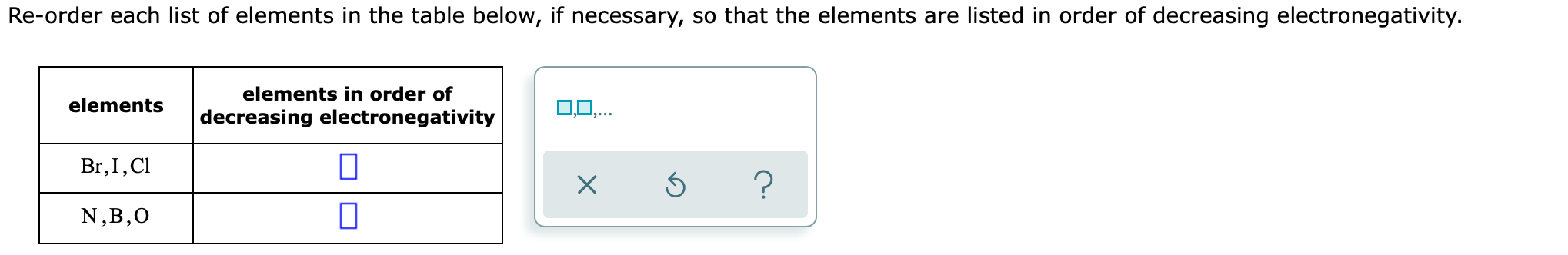 Solved Re-order each list of elements in the table below, if | Chegg.com