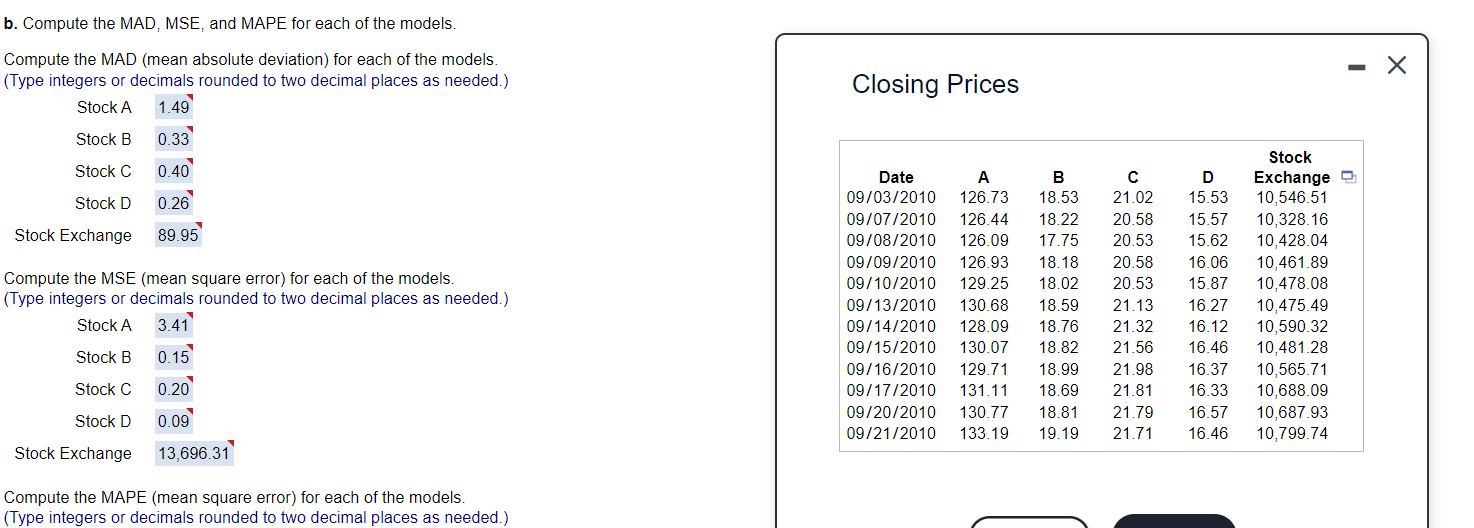 Solved b. Compute the MAD, MSE, and MAPE for each of the | Chegg.com
