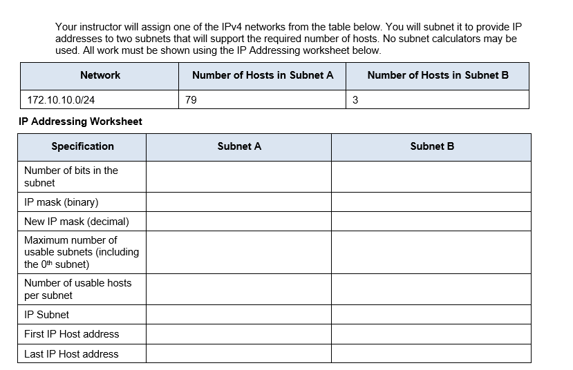 Solved Your instructor will assign one of the IPv4 networks | Chegg.com