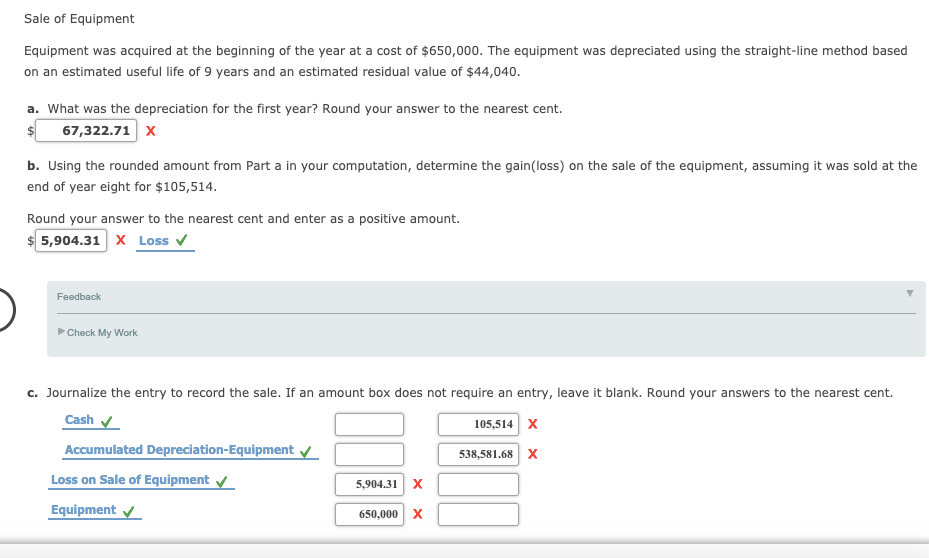Solved Sale of Equipment Equipment was acquired at the | Chegg.com