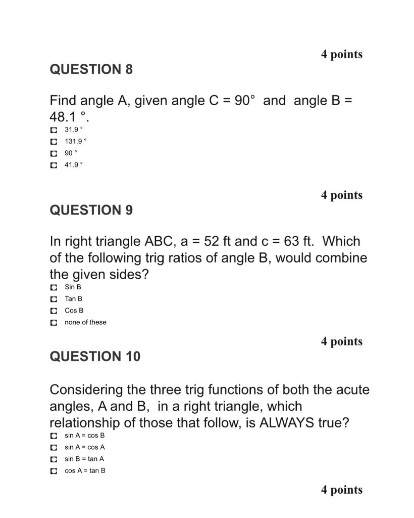 Solved Find angle A, given angle C=90∘ and angle B= 48.1∘. | Chegg.com