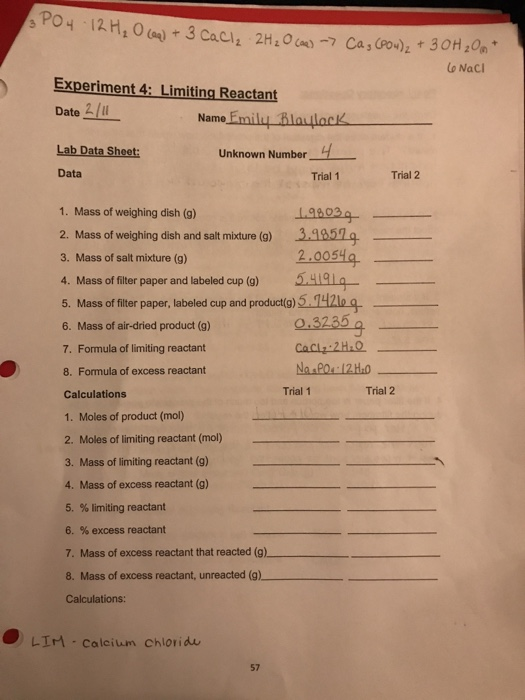 Solved o Naci Experiment 4: Limiting Reactant Date 2 1 11 | Chegg.com