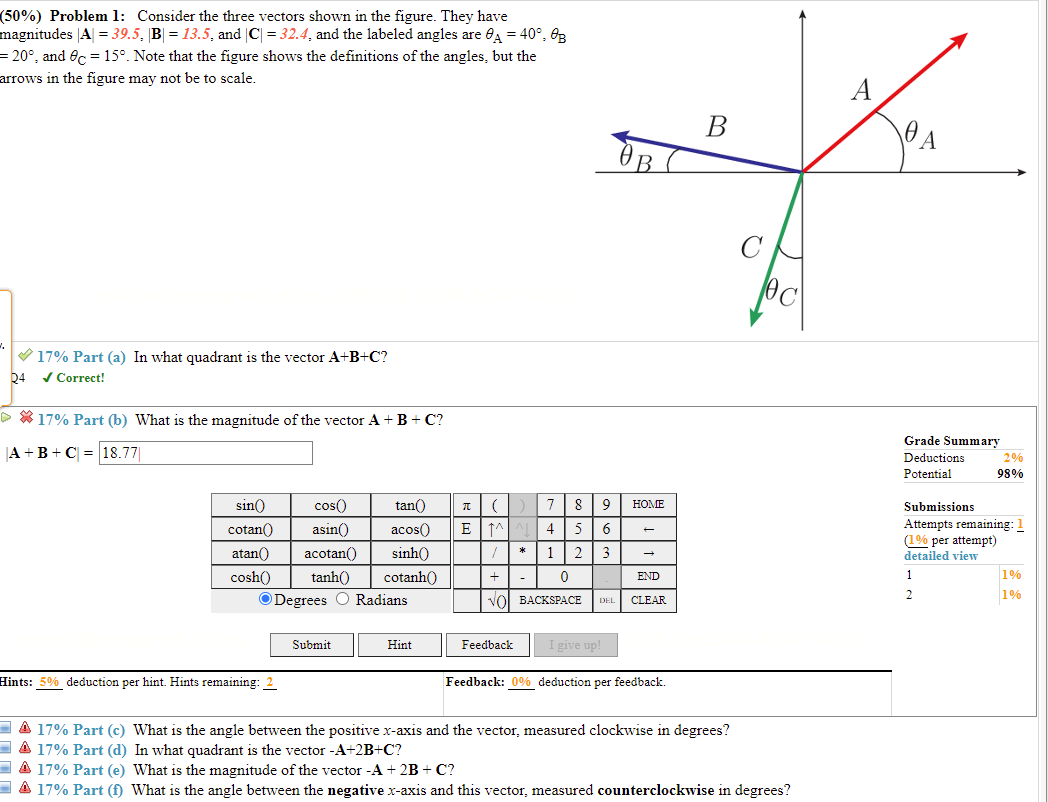 Solved (50%) Problem 1: Consider the three vectors shown in | Chegg.com