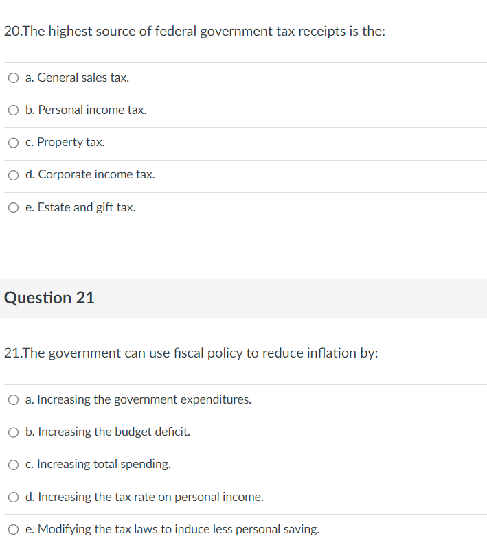 Solved 20.The highest source of federal government tax | Chegg.com