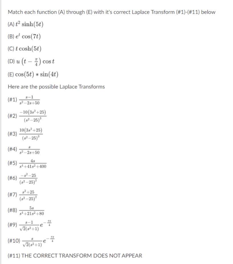 Solved Match each function (A) through (E) with it's correct | Chegg.com