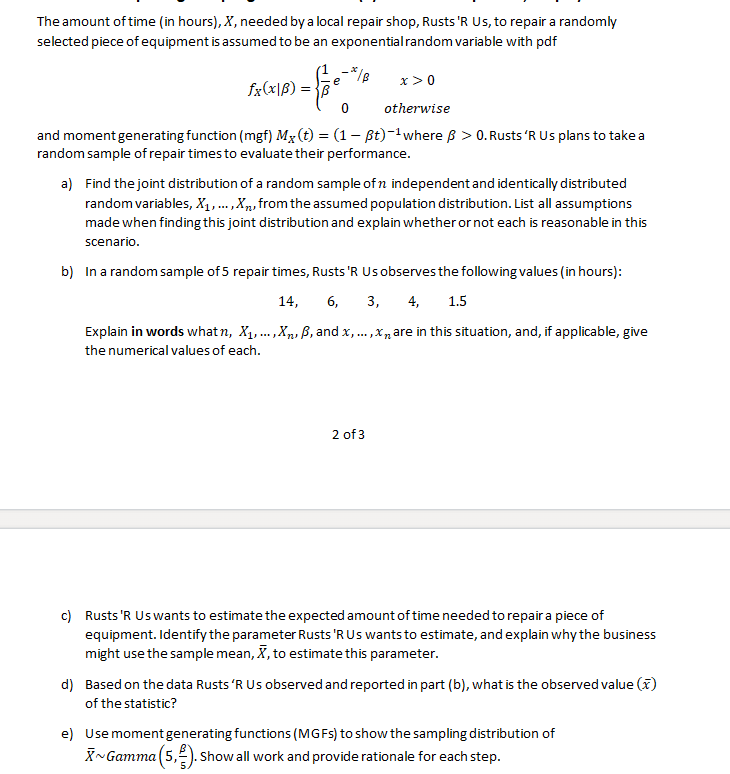 Solved The amount of time (in hours), X, needed by a local | Chegg.com