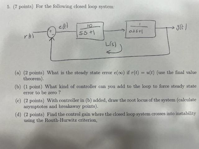Solved 5. (7 points) For the following closed loop system: | Chegg.com