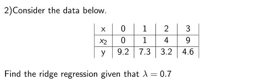 Solved 2)Consider the data below. Find the ridge regression | Chegg.com