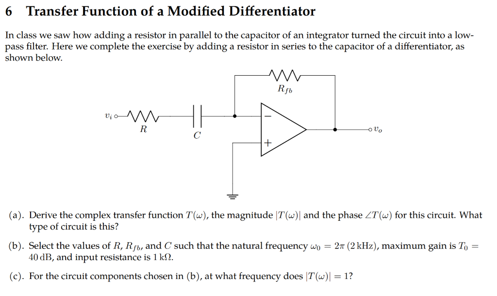 Solved 6 Transfer Function of a Modified Differentiator In | Chegg.com