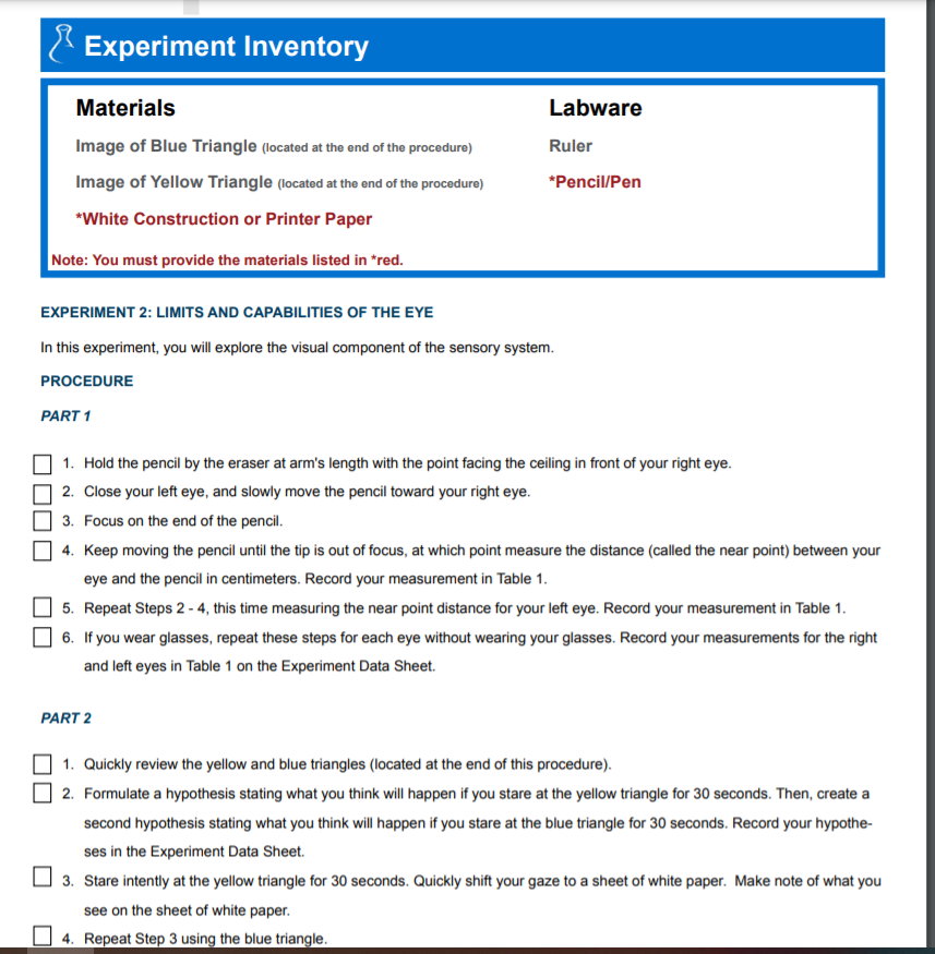 EXPERIMENT 2: LIMITS AND CAPABILITIES OF THE EYE Data | Chegg.com