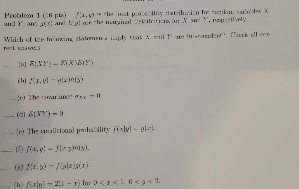 Solved Problem 1 (16 pts) f(x,y) is the joint probability | Chegg.com