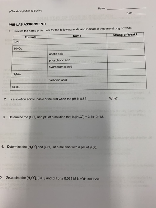 Solved Name pH and Properties of Buffers Date PRE-LAB | Chegg.com