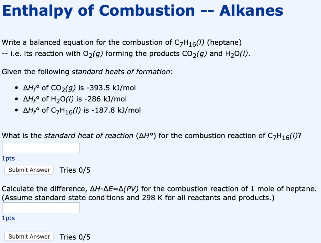 Solved Enthalpy of Combustion Alkanes Write a balanced | Chegg.com