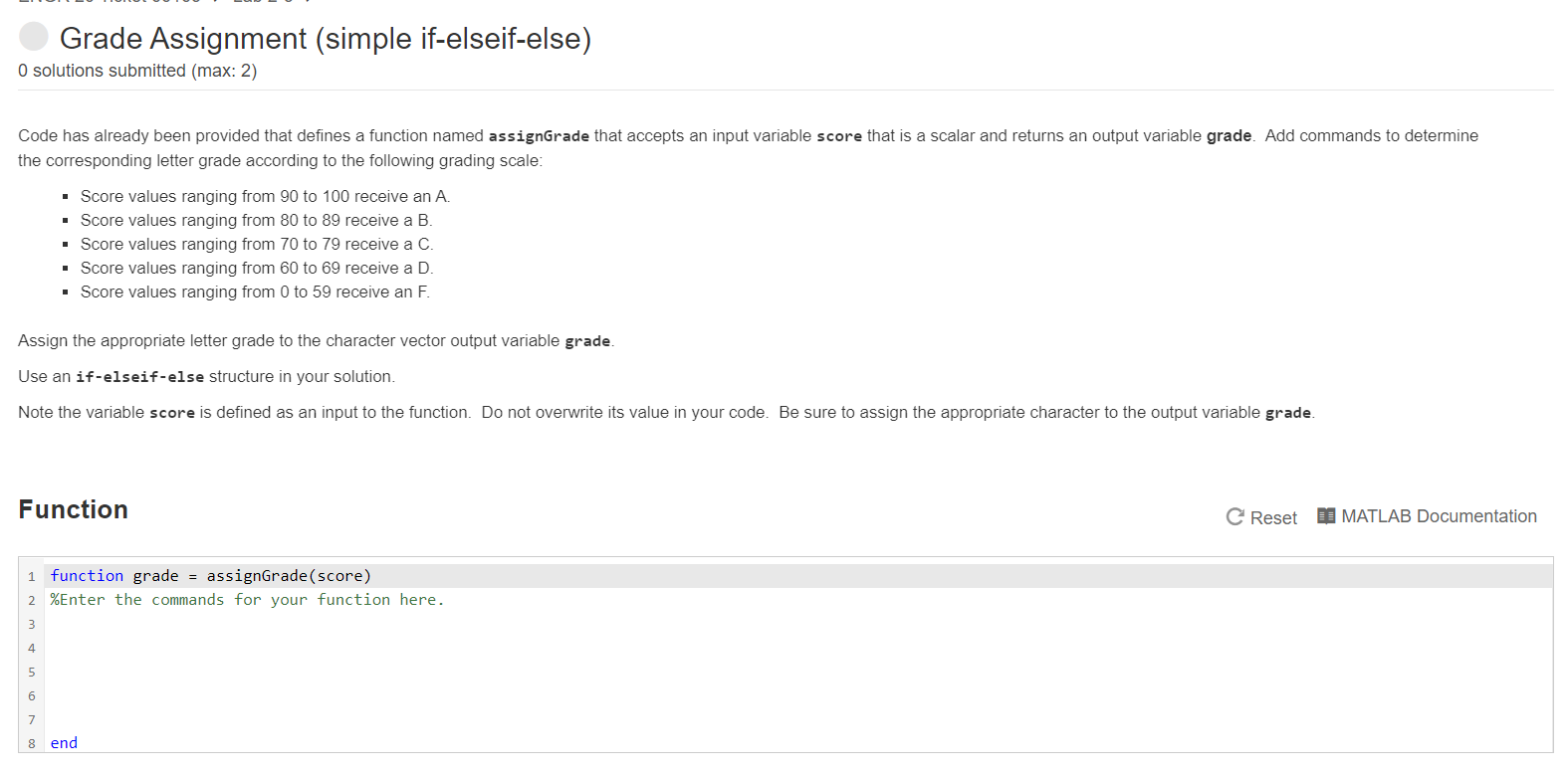 Solved Grade Assignment (simple if-elseif-else) O solutions | Chegg.com
