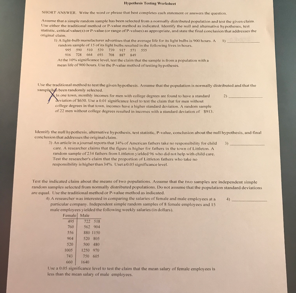 Solved Hypothesis Testing Worksheet SHORT ANSWER Write The Chegg