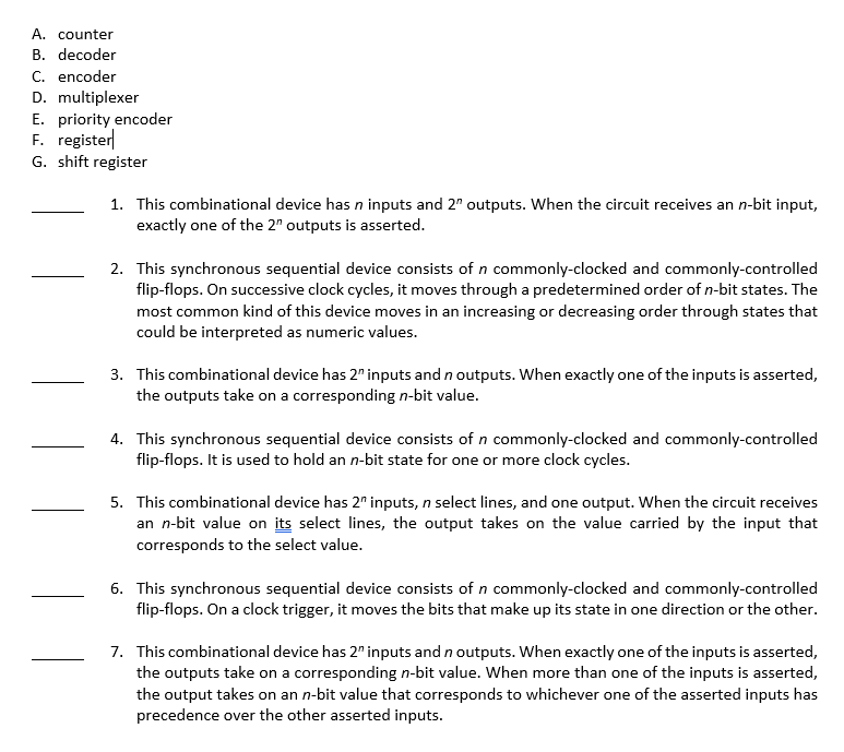 Solved A. counter B. decoder C. encoder D. multiplexer E. | Chegg.com