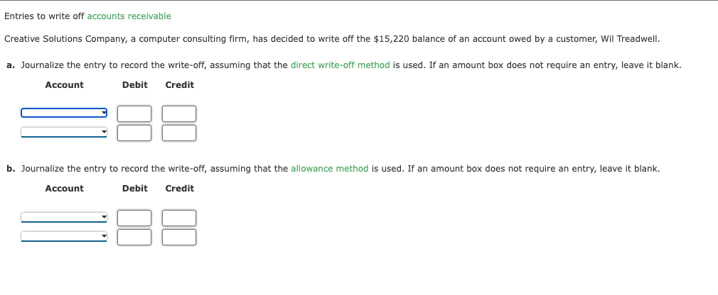 Solved Entries to write off accounts receivable Creative | Chegg.com