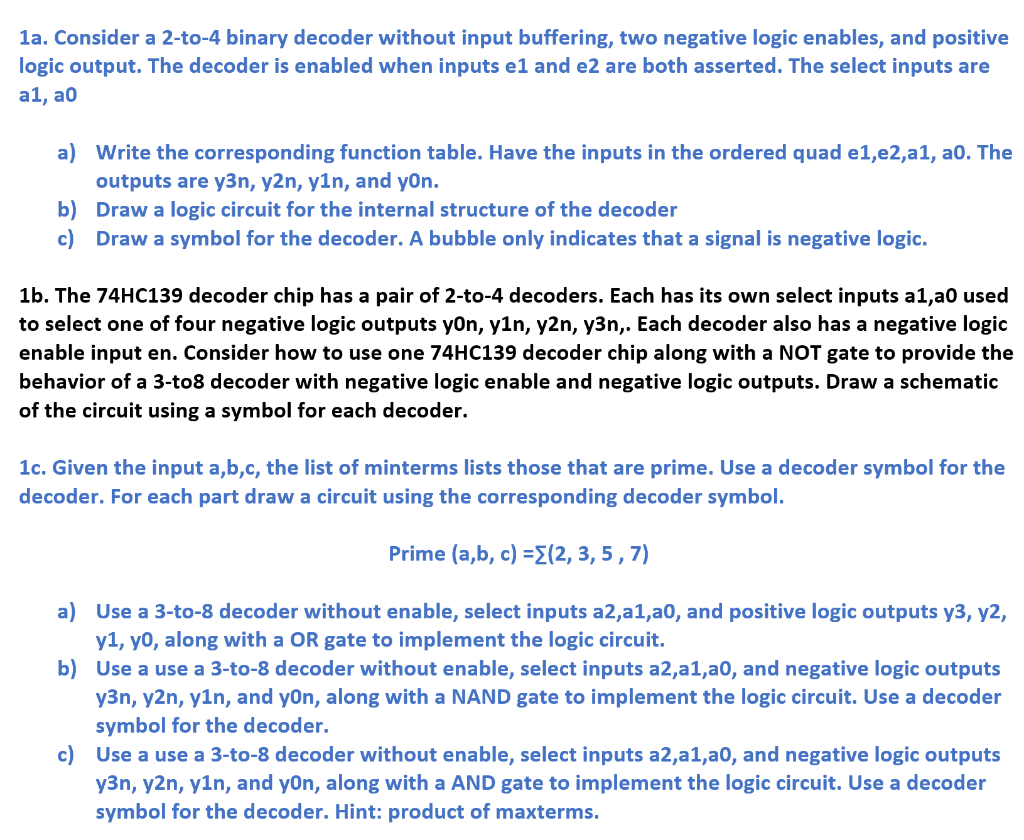 Solved 1a. Consider a 2-to-4 binary decoder without input | Chegg.com