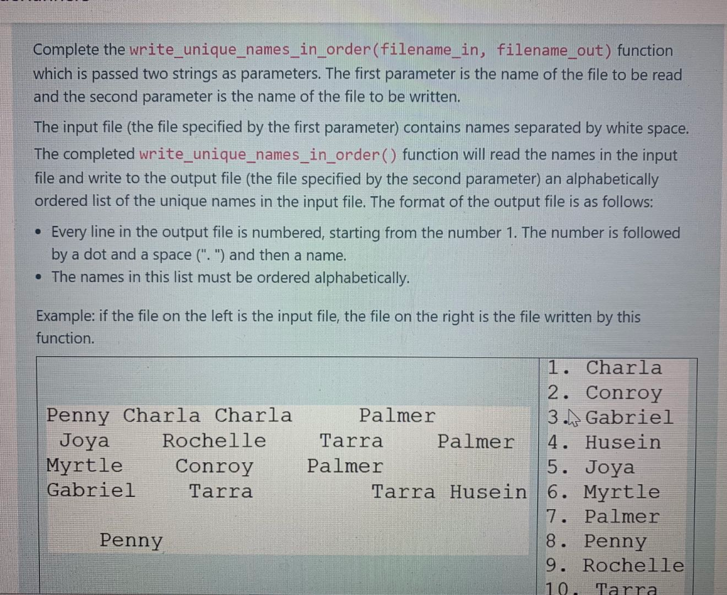 Solved Complete the write_unique_names_in_order(filename_in, | Chegg.com