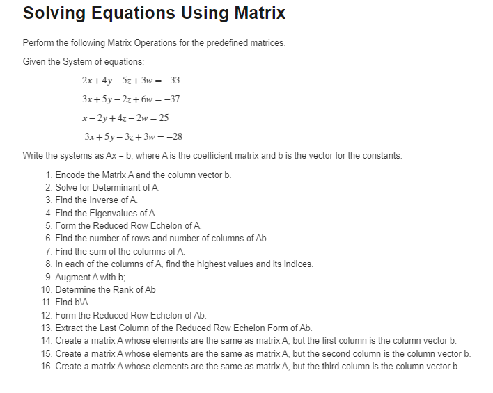 Solved Solving Equations Using Matrix Perform the following | Chegg.com